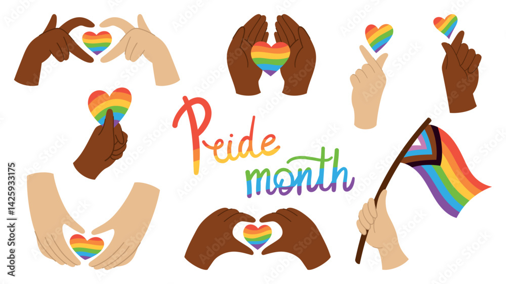 Diverse Hands Holding Rainbow Hearts and Pride Flag. Colorful LGBTQ+ ...