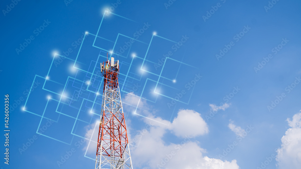 Telecommunication tower with digital network overlay on blue sky ...