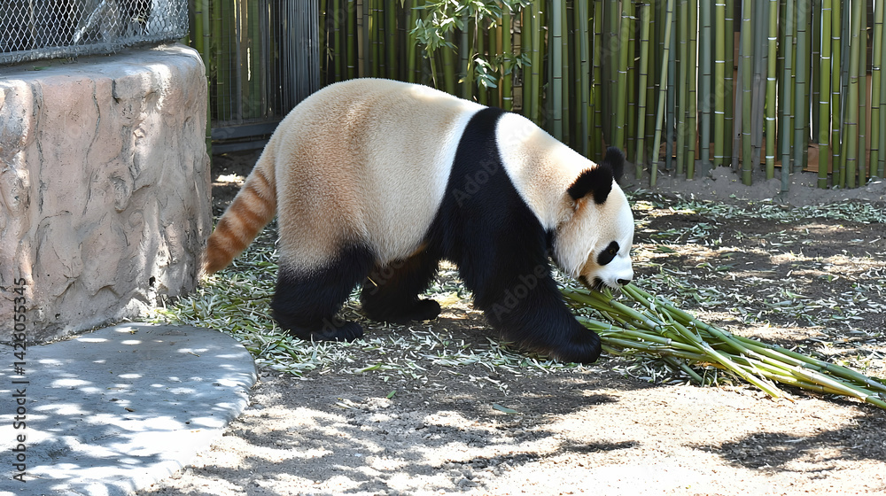 Panda eating bamboo in zoo enclosure. Background bamboo stalks and ...