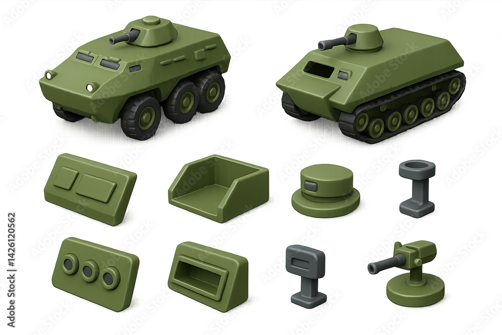 Military vehicles and parts icon set – 3d style icons for defense ...
