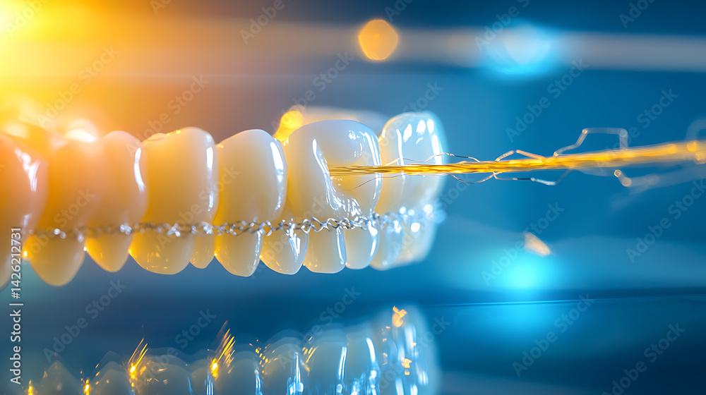 Dental hygiene action flossing teeth in a clinical environment close-up ...