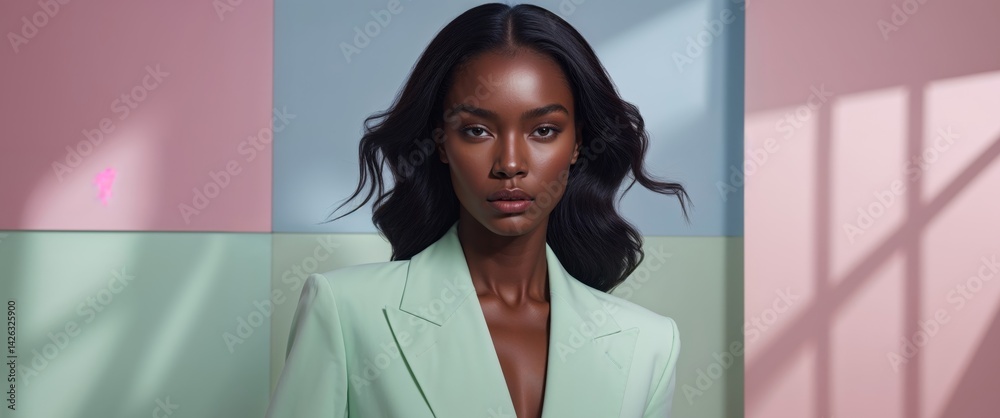 Beautiful black fashion model posing with pastel colored panels in ...
