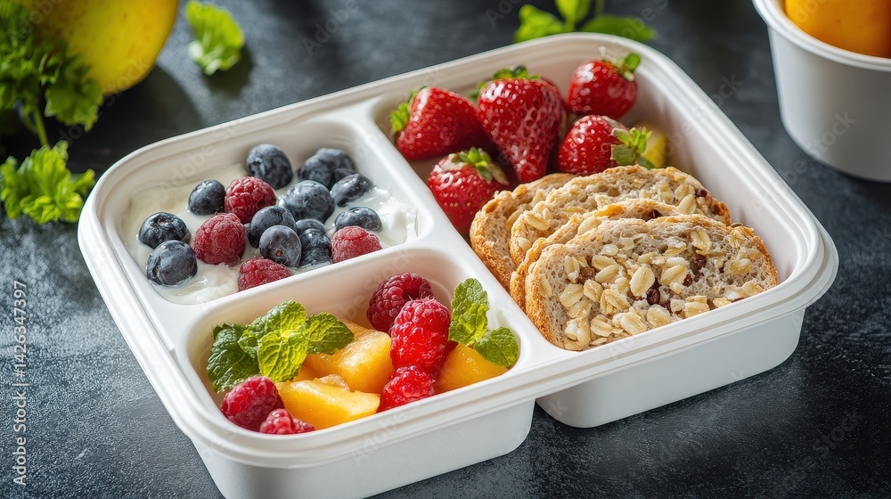 Wholesome kids meal box with fresh fruit, whole grain sandwich, and ...