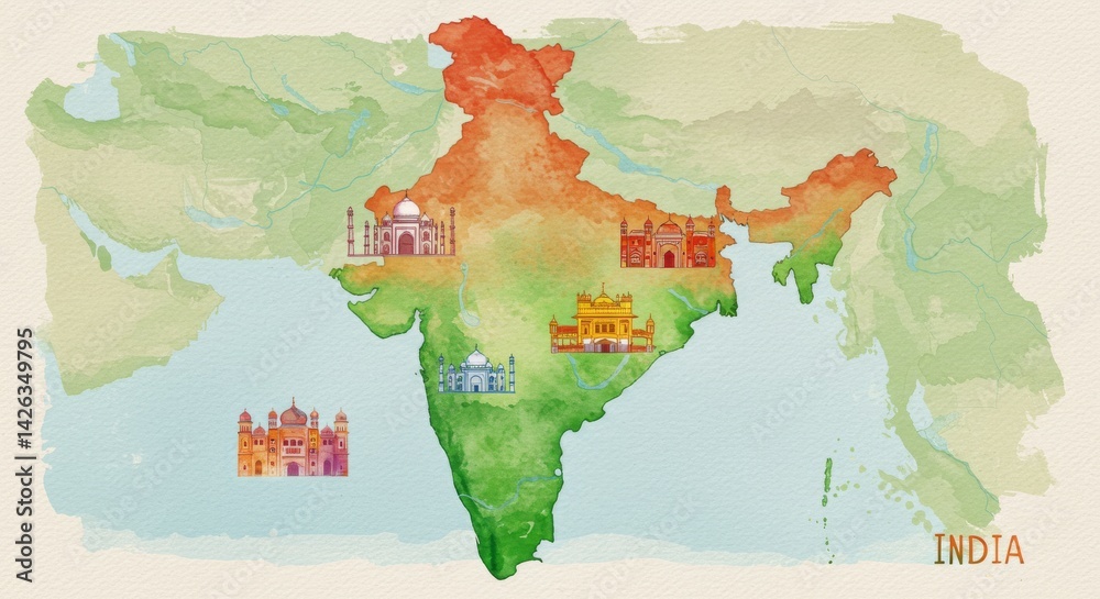 Watercolor Map of India with Famous Landmarks - Vibrant watercolor map ...