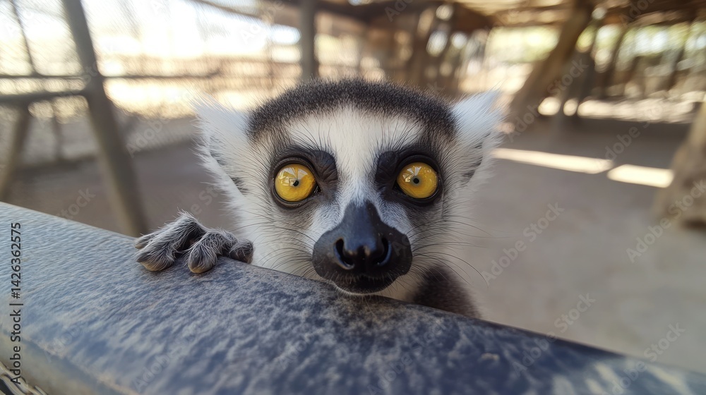 Curious ring-tailed lemur peering over fence, zoo enclosure, sunny day ...