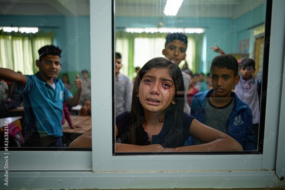 bullying teenager school, teen girl is crying on the window, harassment ...