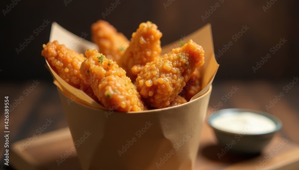 Crispy fried chicken wings sitting in a paper bucket with dipping sauce ...