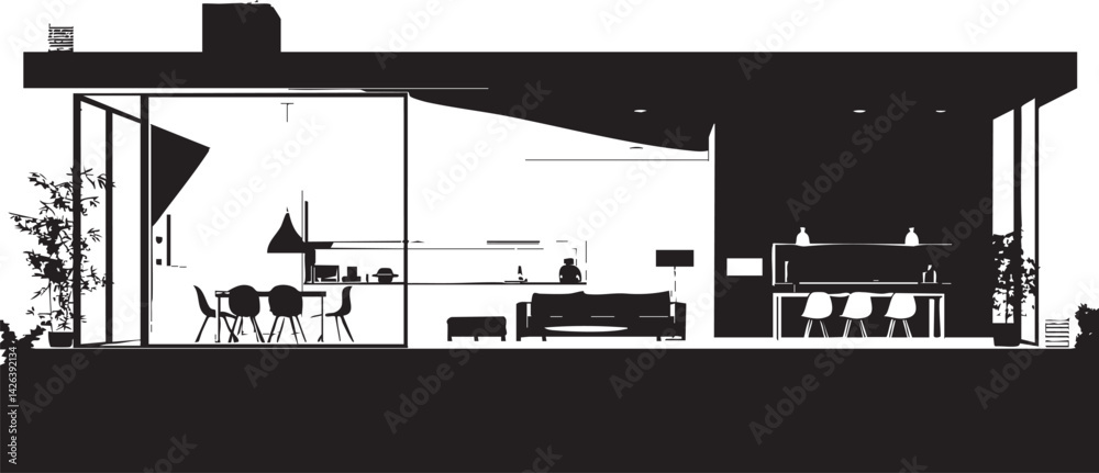 Black and white architectural section drawing showing modern house ...