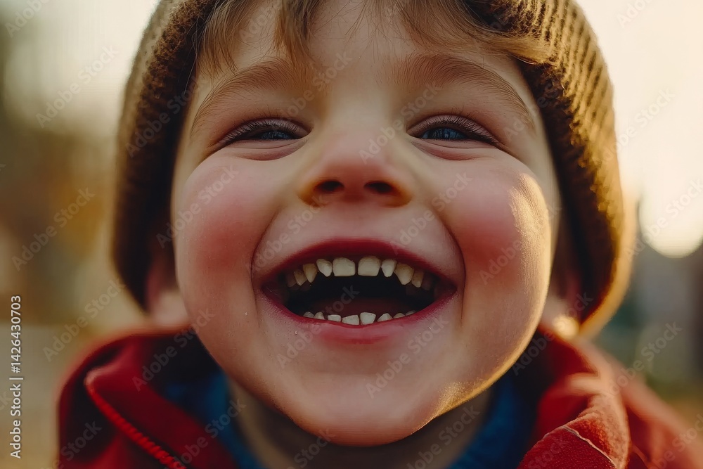 The child's open mouth displays milk teeth, with adult teeth developing ...
