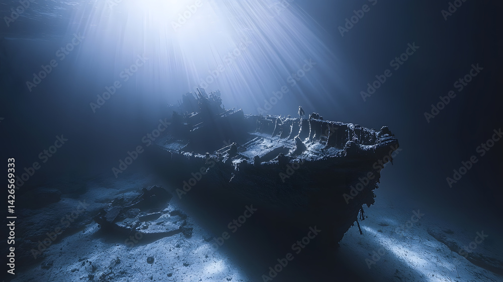 Sunken Vessel: An evocative underwater scene of a weathered shipwreck ...