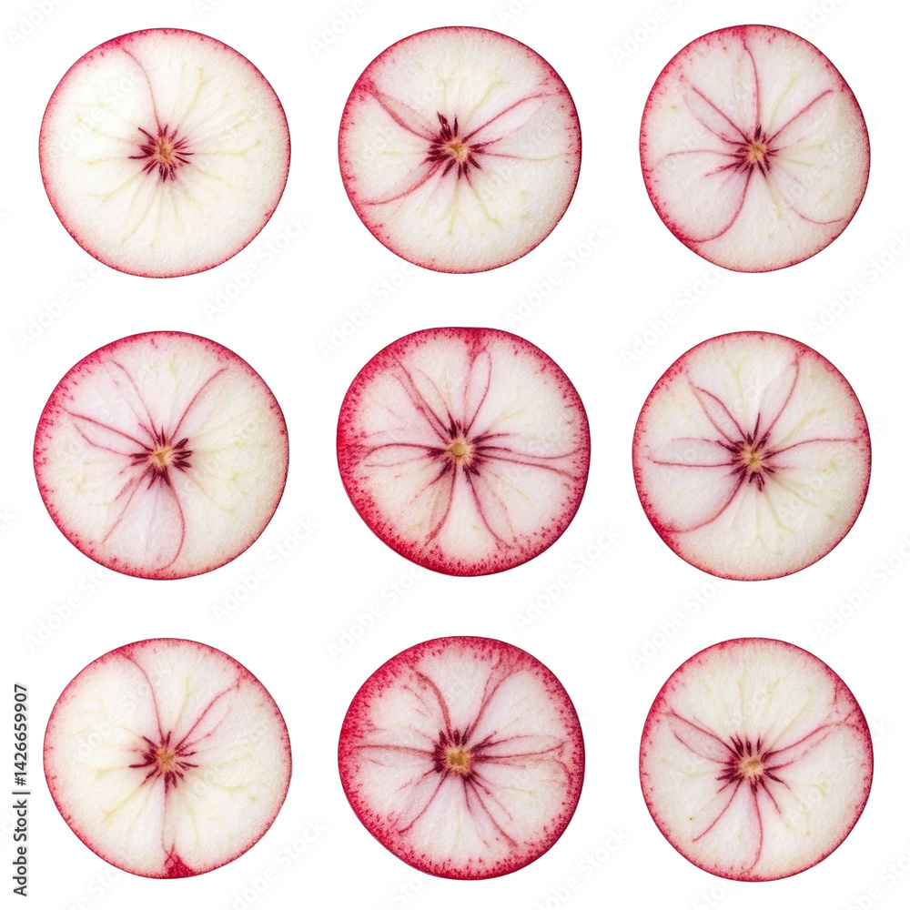 Nine Cross-Sections of Red Apple Slices with Visible Veins on ...