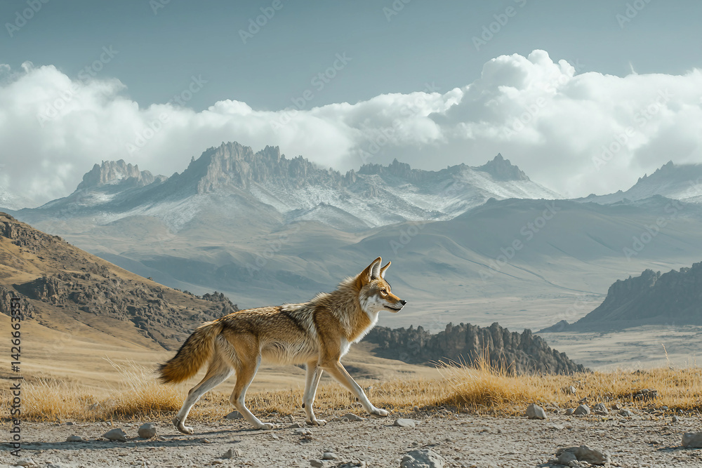 Ethiopian wolf roaming high-altitude grasslands with dramatic mountain ...