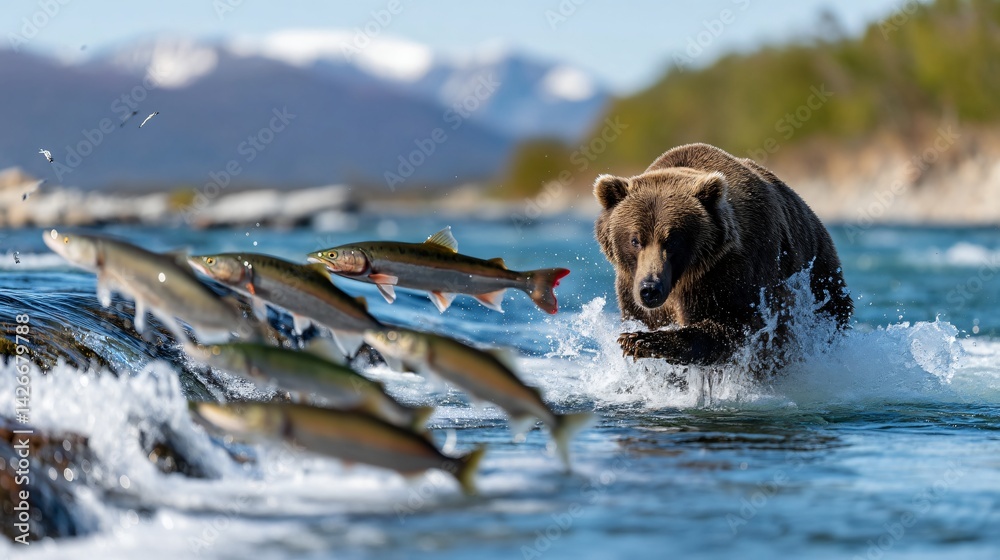 Grizzly Bear Catching Fish in Clear River During Daylight in Stunning ...