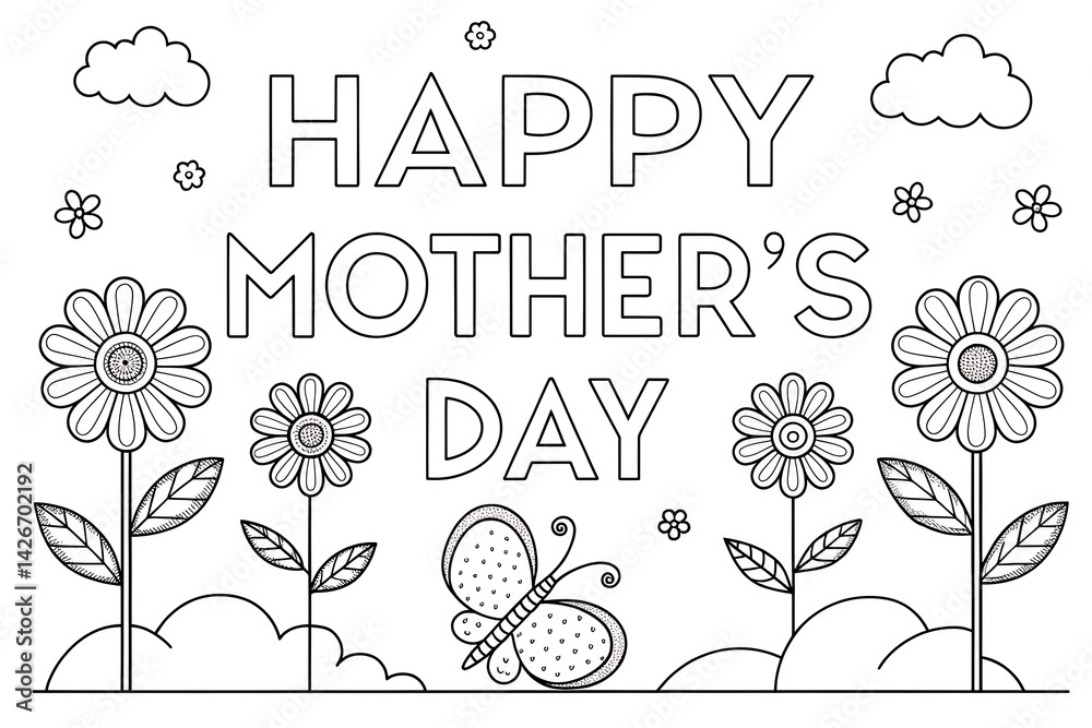 Happy Mother s Day Coloring Page Flowers Butterfly and a heartfelt ...