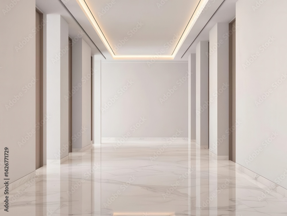 Highend minimalist hallway with soft recessed lighting, neutral color ...