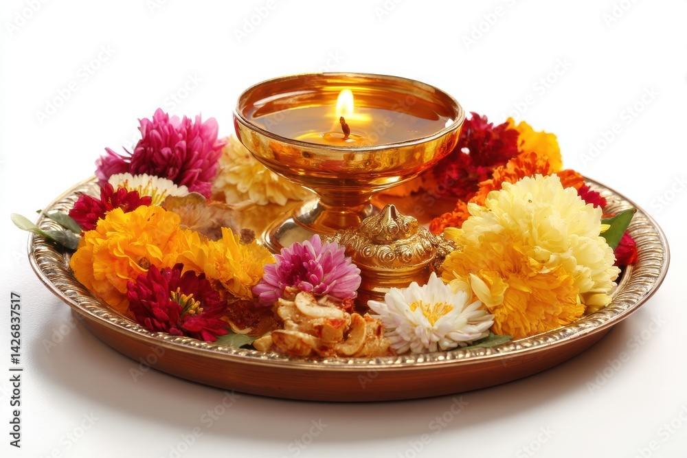 Hindu puja thali featuring diya oil lamp and vibrant flowers for ...