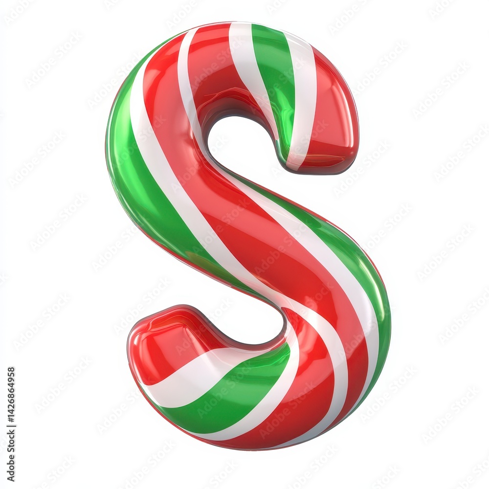 Festive candy cane letter S. A vibrant, 3D letter S shaped like a candy ...