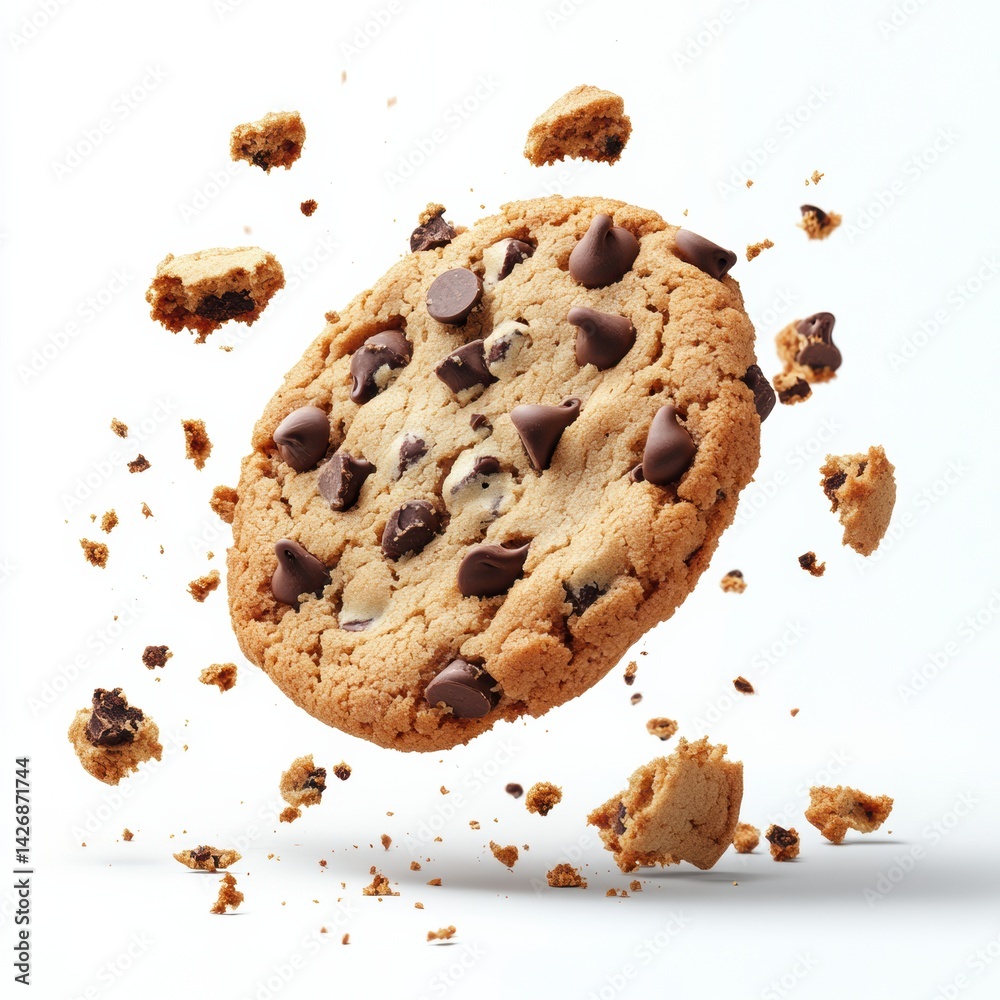 Chocolate chip cookie in mid-air with crumbs falling on a white ...