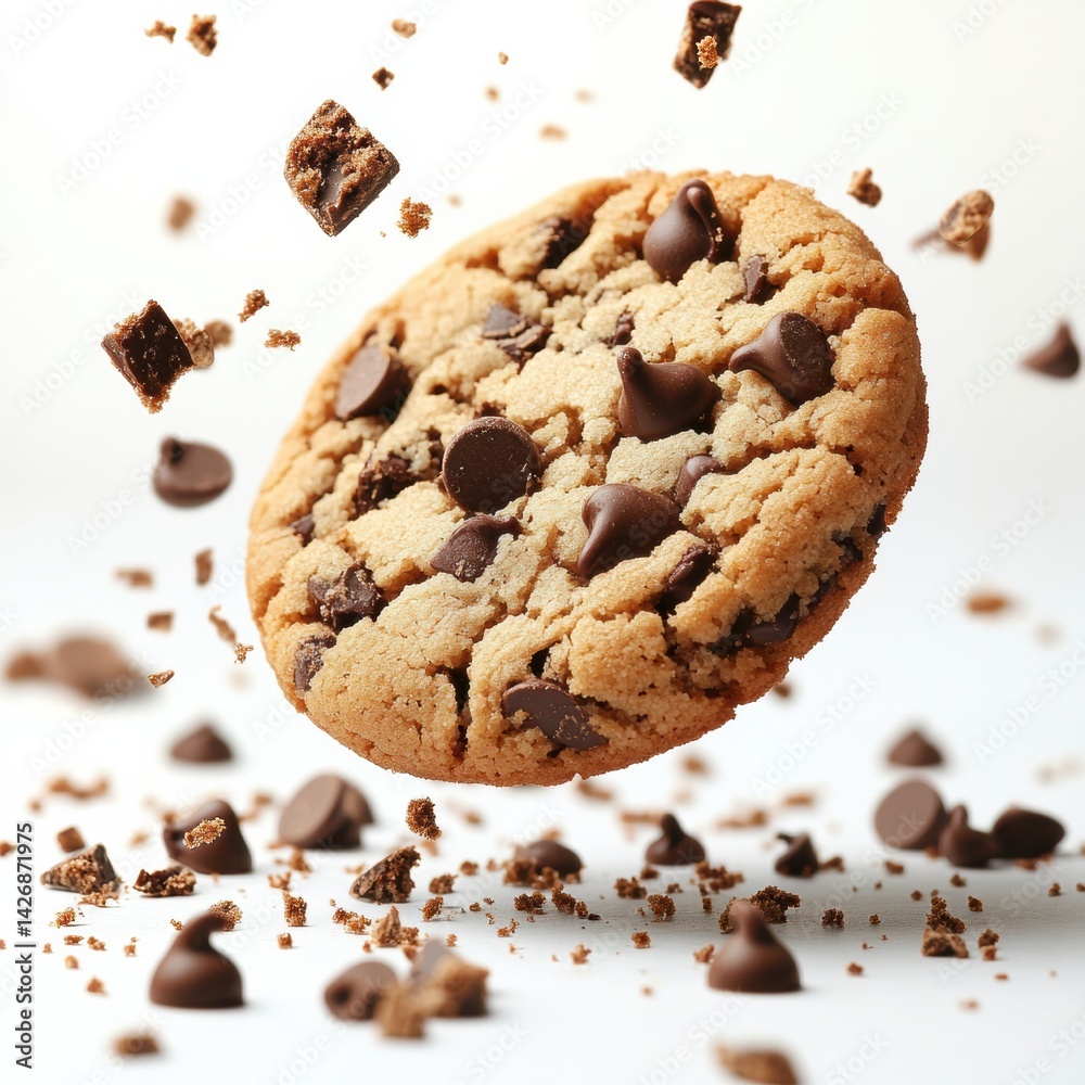 Chocolate chip cookie falling through the air showcasing tasty ...