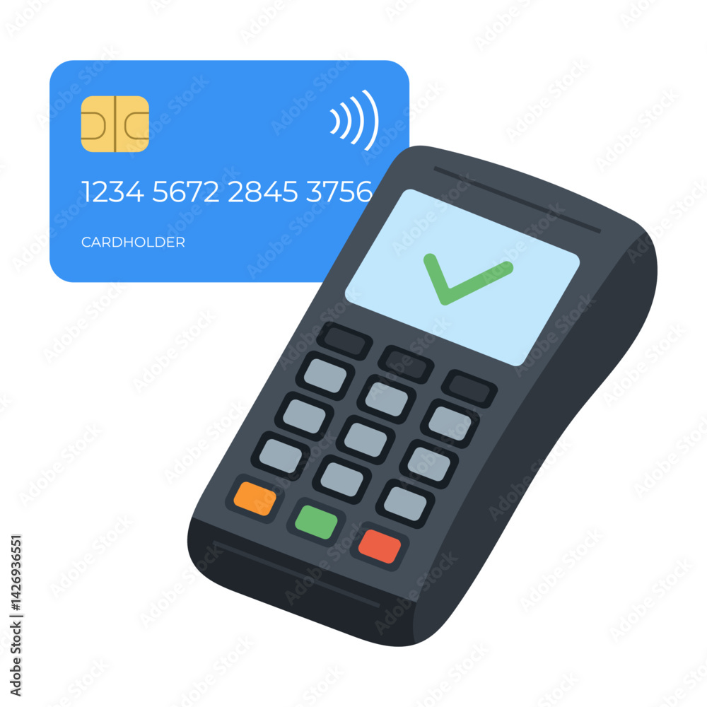 POS terminal with credit card and contactless payment approval screen ...
