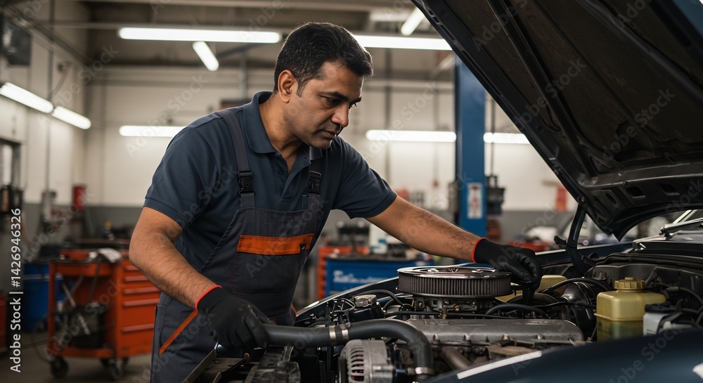 Mechanic meticulously examining a car engine in a well-equipped garage ...
