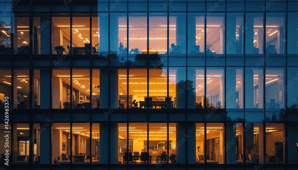Modern office building exterior night. Illuminated windows reveal work ...