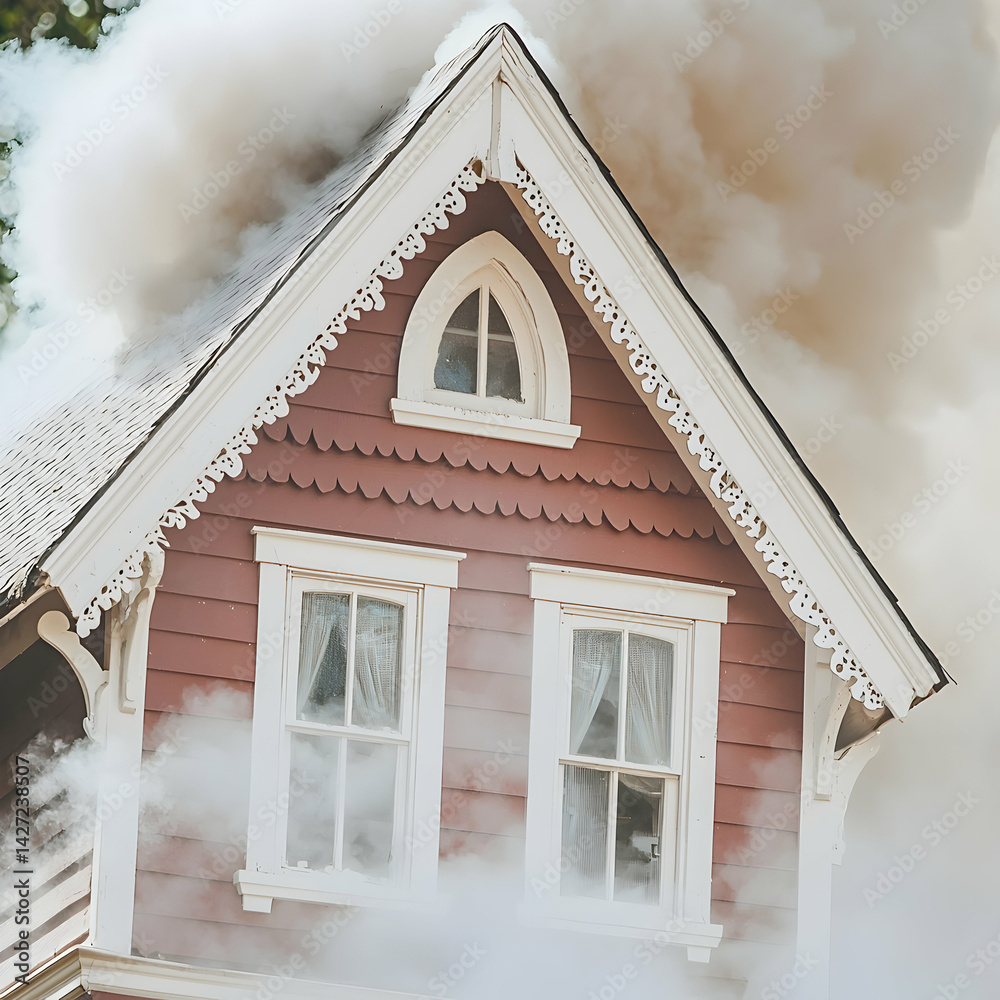 Victorian house fire, smoke billowing, residential area, emergency ...