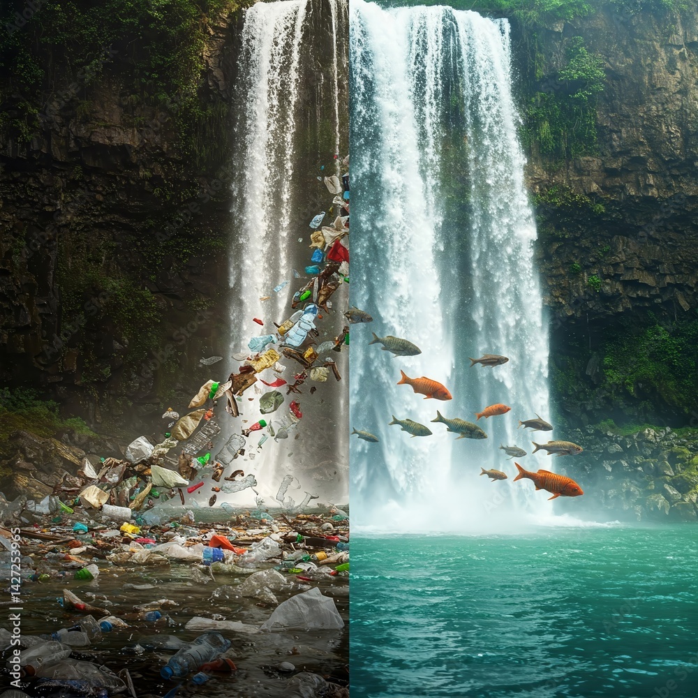 Split Waterfall Pollution vs Clean Environment with Fish Photo Stock ...