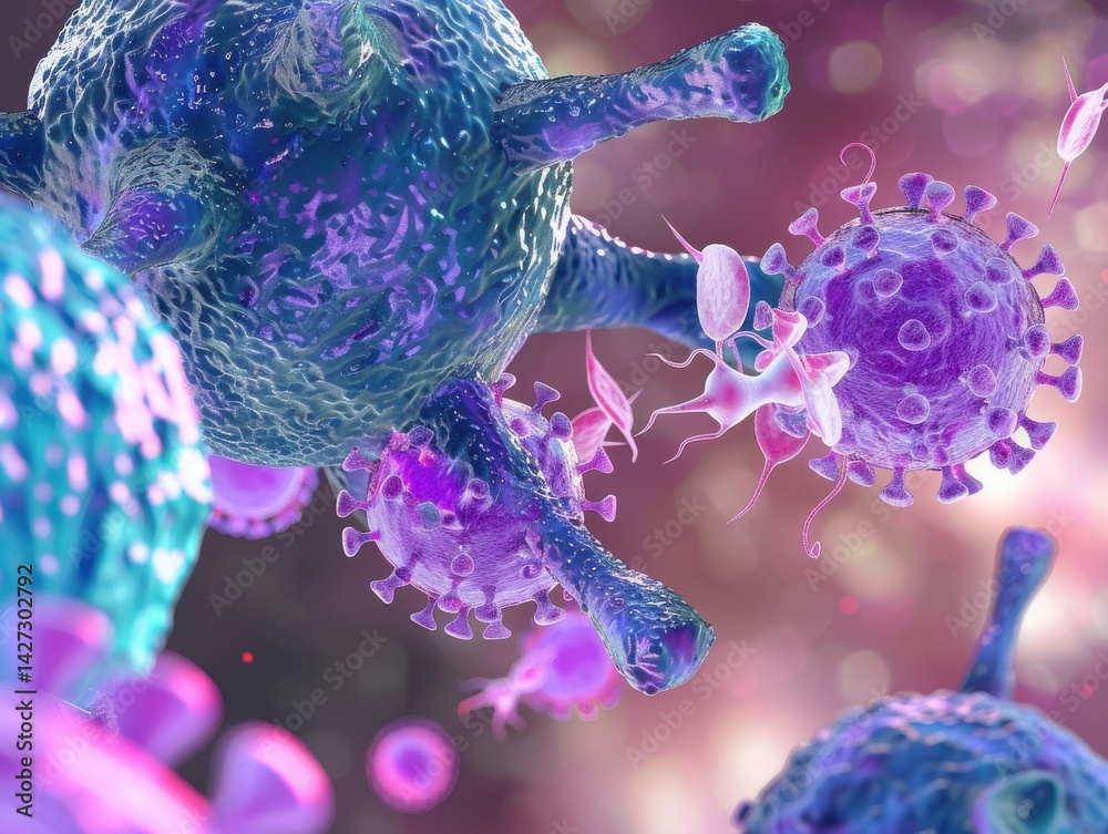Detailed 3D model of immune response showing molecular interactions ...