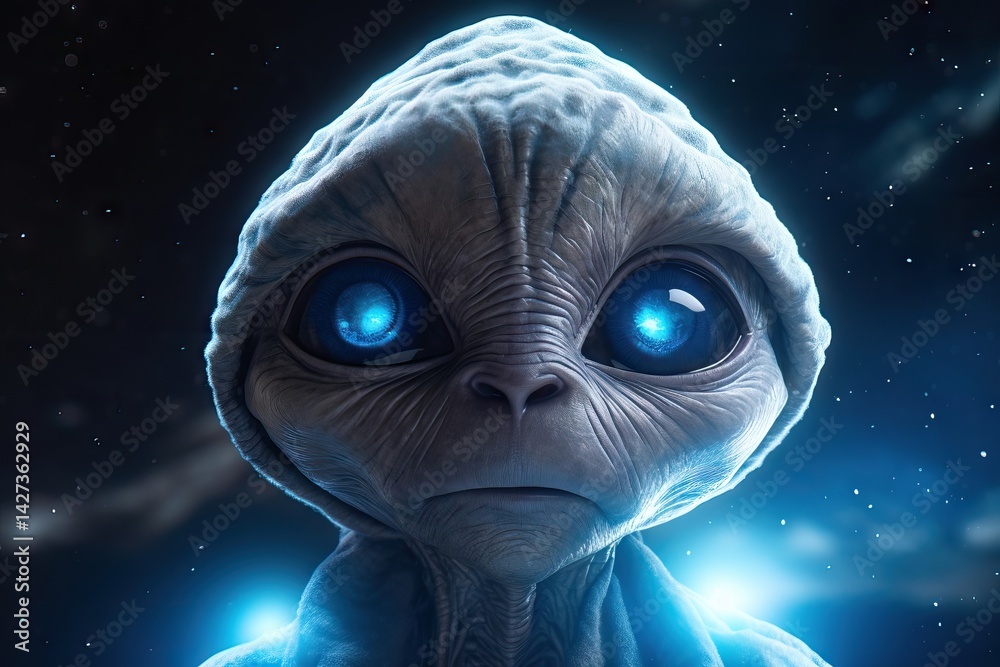 Ilustrace Extraterrestrial being with large blue eyes in space. Alien ...