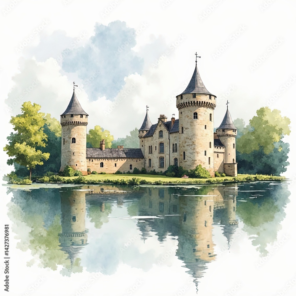 Watercolor Illustration ofFairytale Castle Reflection on Calm Lake ...