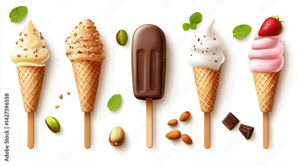Ice cream realistic. Popsicle pistachio, strawberry and vanilla. Eskimo ...