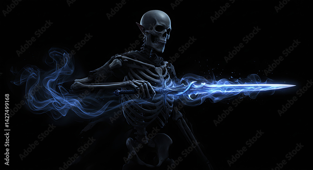 glowing blue skeletal warrior with icy sword digital wallpaper Stock ...