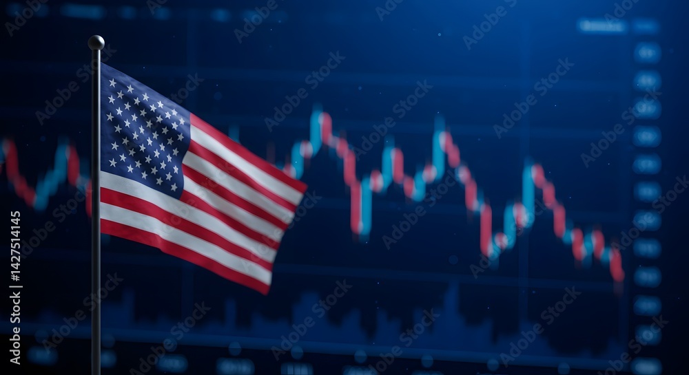 Us flag with declining stock graph symbolizes economic recession and ...