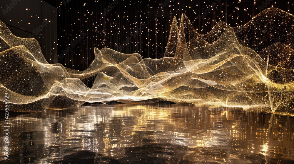 Abstract golden wave installation with sparkling lights and reflective ...