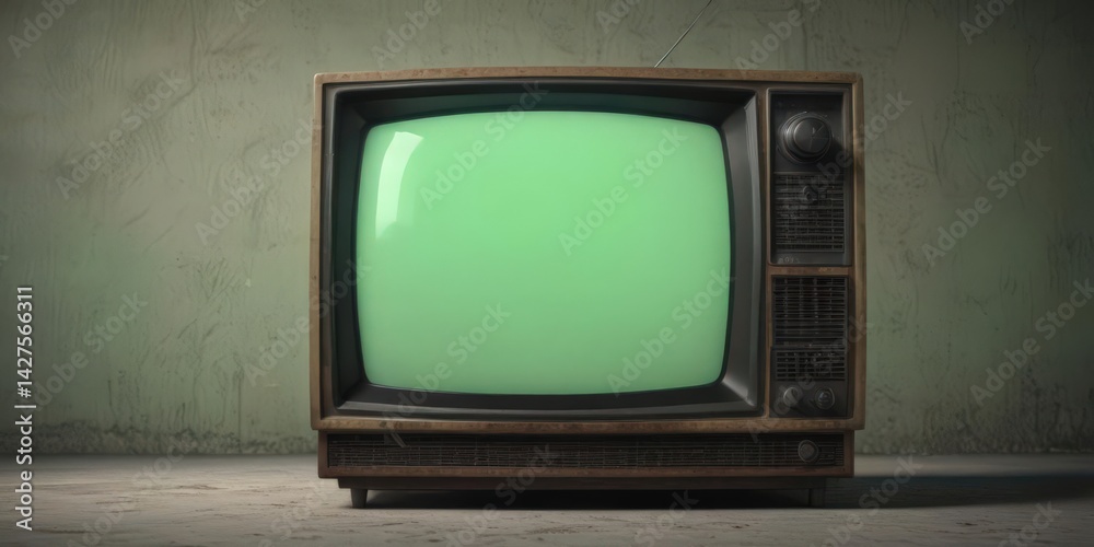 Dusty vintage CRT TV screen, static-filled Greenish glow, faded image ...