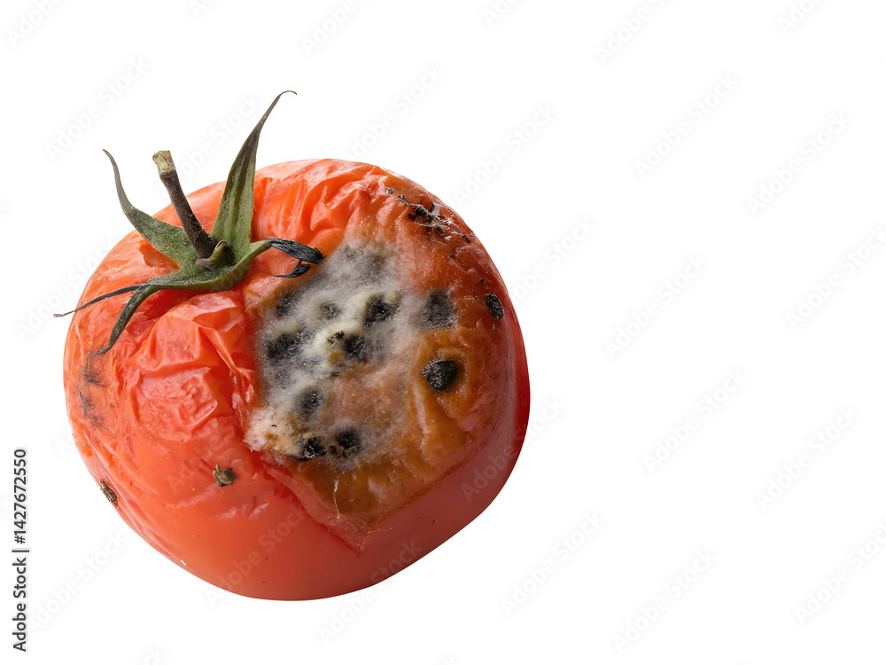 moldy red tomato covered with penicillin fungus, concept of recycling ...