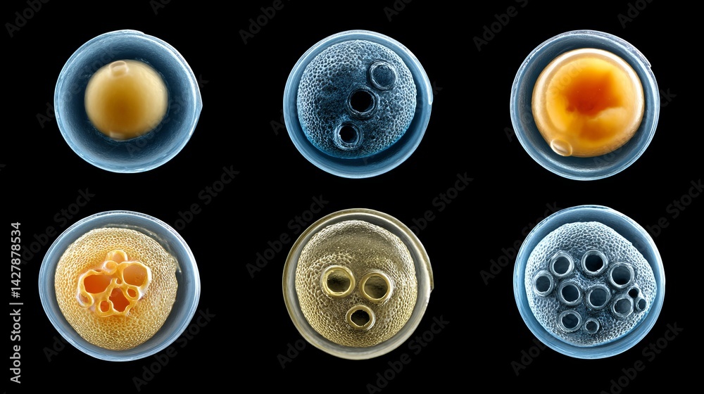 IVF and Science concept, Microscopic view of various cell cultures in ...