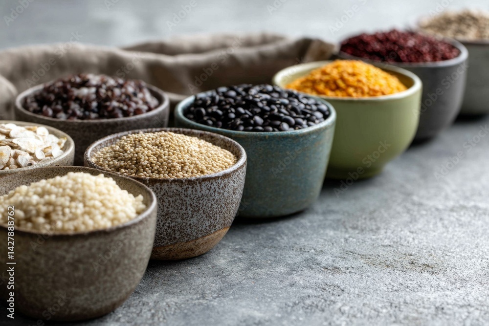 Bowls of cooked grains lined up for meal prep, featuring rice, quinoa ...