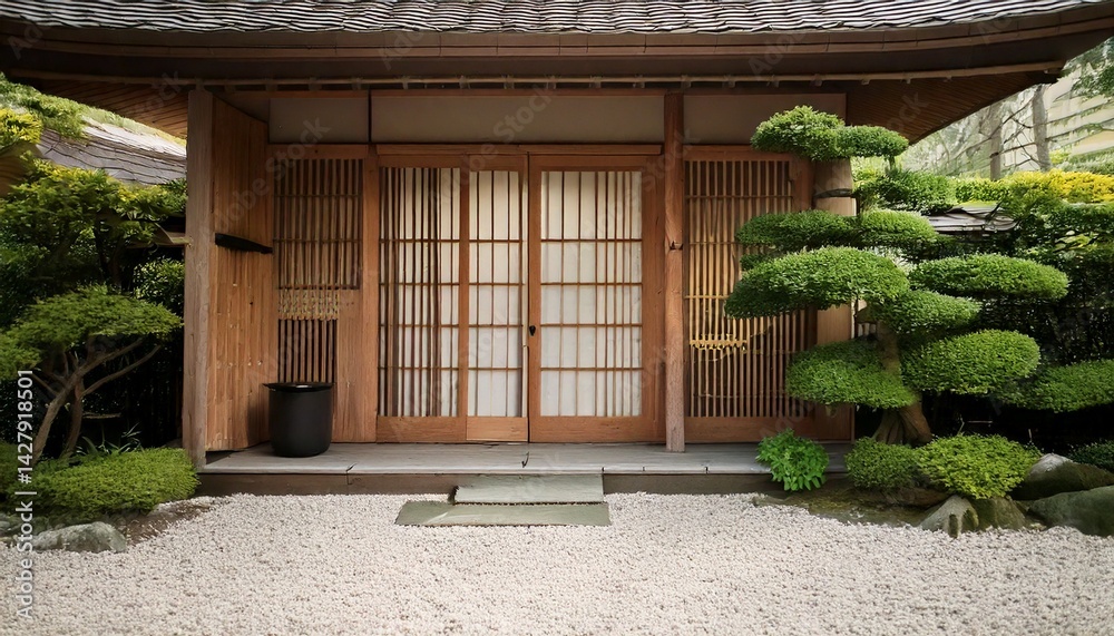 A traditional Japanese wooden house with sliding shoji doors and a Zen ...
