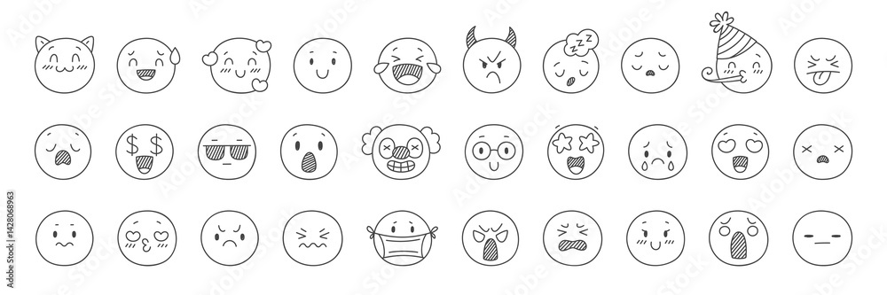 Hand drawn emoji. Doodle style round outline faces with different mood ...