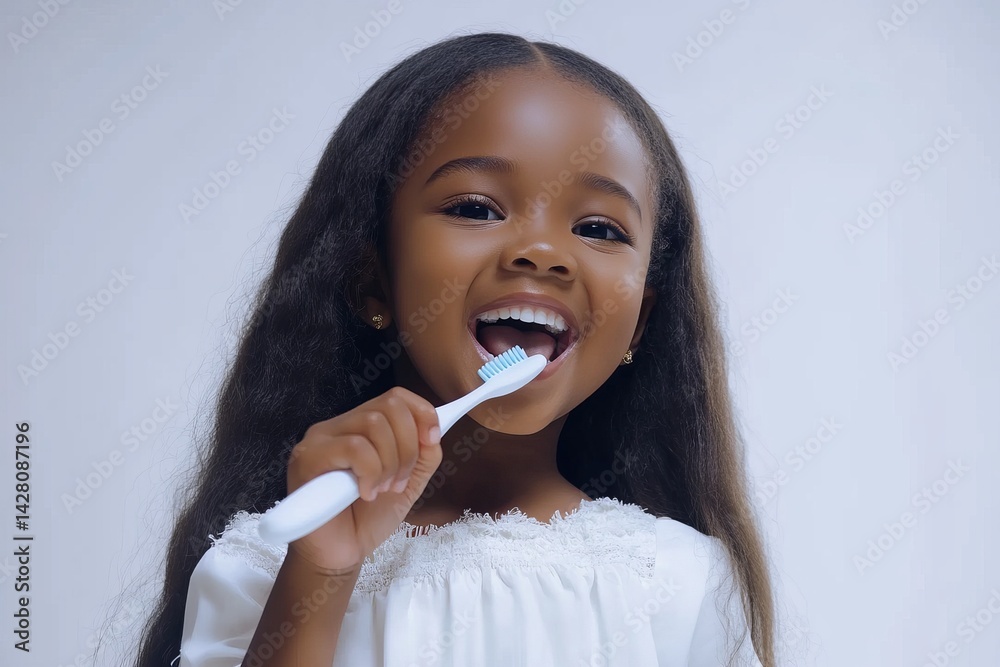 African American child with a smile is brushing teeth using a blue ...