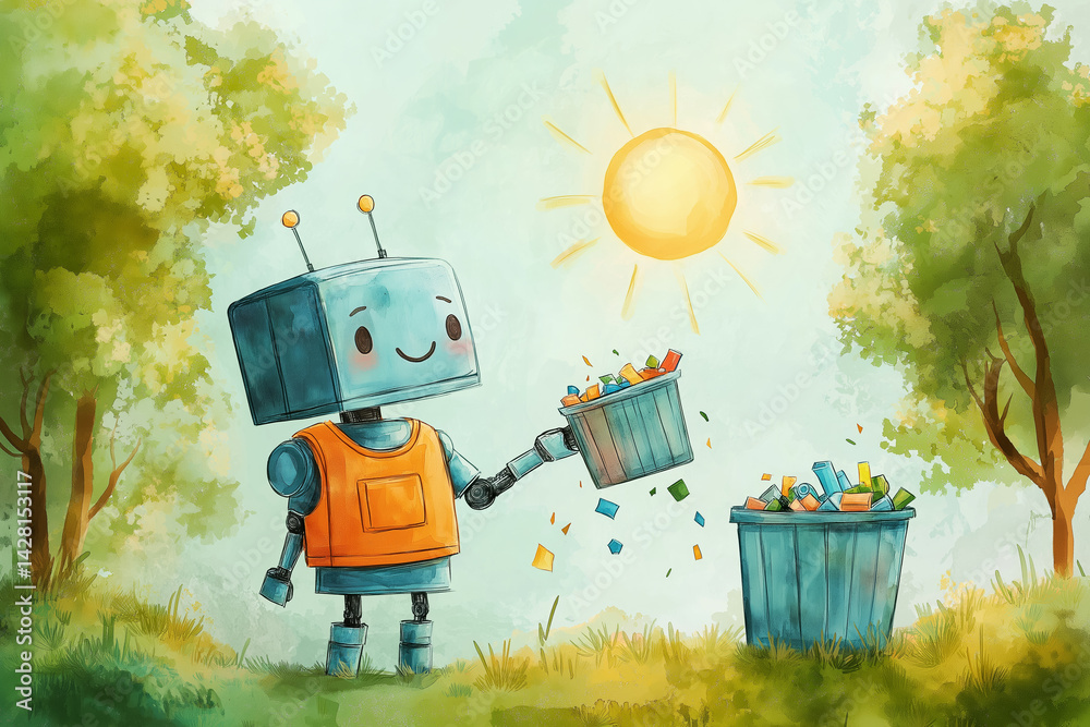Robot volunteer collects garbage in the forest into garbage bins ...