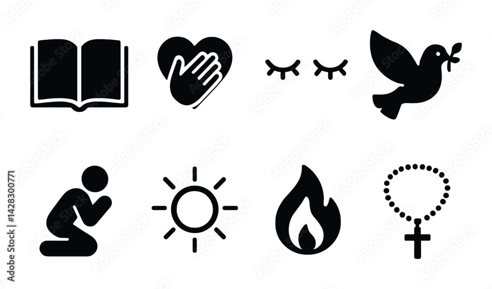 Spiritual and faith icon set – solid style spirituality, worship, and ...