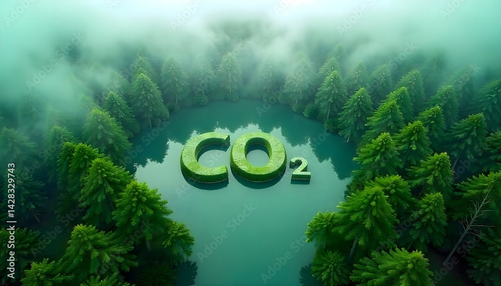 Carbon Nexus in Nature, Lush Forest Embrace, Misty Waters Adorning a ...