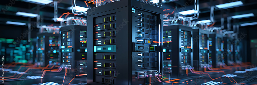 Data servers glow in a modern data center showing network cables and the hum of processing ...
