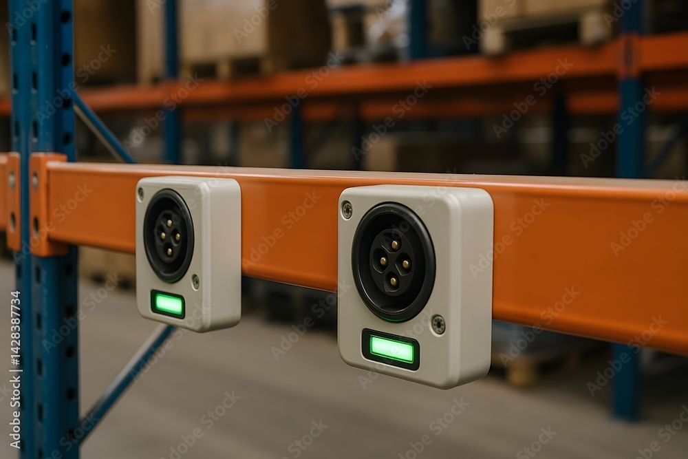 Warehouse shelving with power connectors and indicators. Stock Photo ...