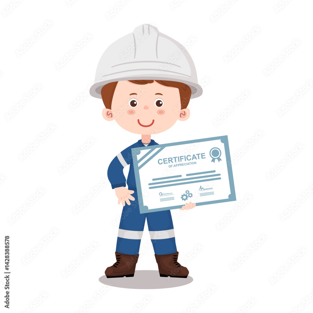 Smiling industrial engineer holding certificate of achievement, symbol ...