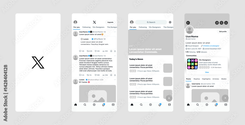 Vector de Stock X (formerly Twitter) UI template mockup 2025. Featuring tweet layout, dark/light ...