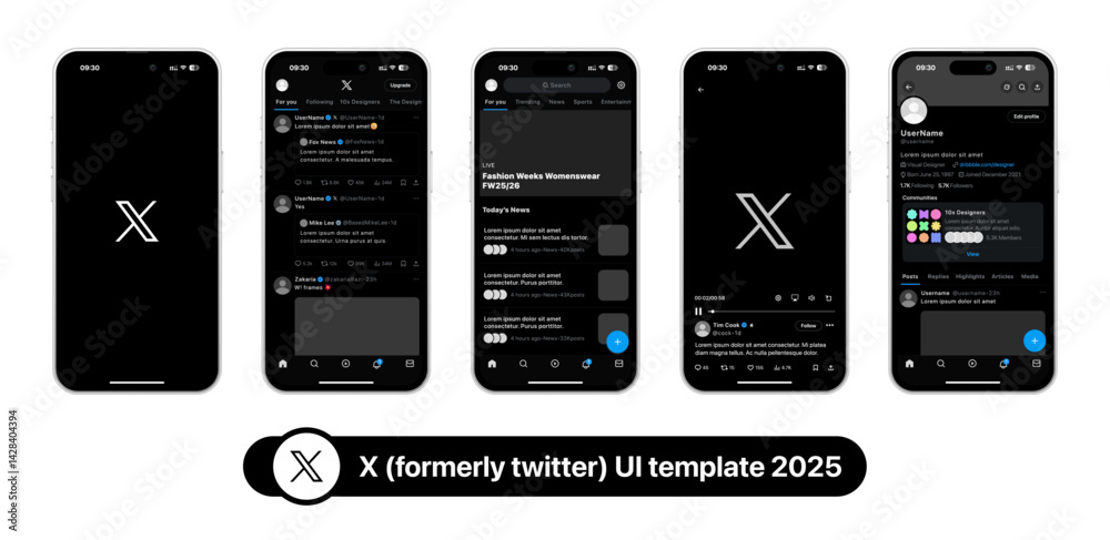 X (formerly Twitter) UI template mockup 2025. Featuring tweet layout, dark/light modes, vector ...